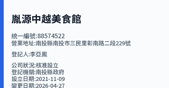 胤源中越美食館的照片-統編 88574522(南投縣) 公司登記資料與營業項目詳細圖表