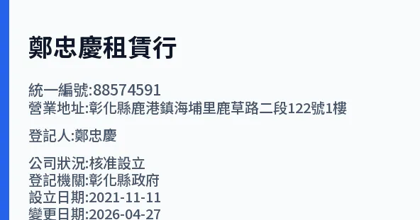 鄭忠慶租賃行的照片-統編 88574591(彰化縣) 公司登記資料與營業項目詳細圖表