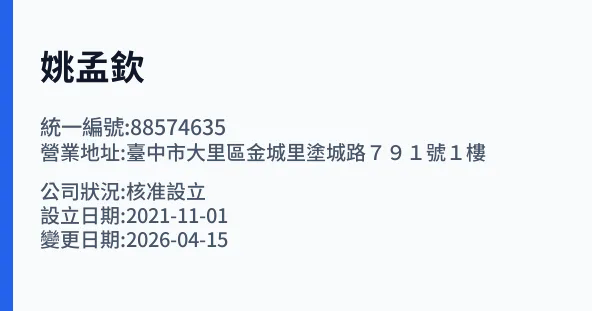 姚孟欽的照片-統編 88574635(臺中市) 公司登記資料與營業項目詳細圖表