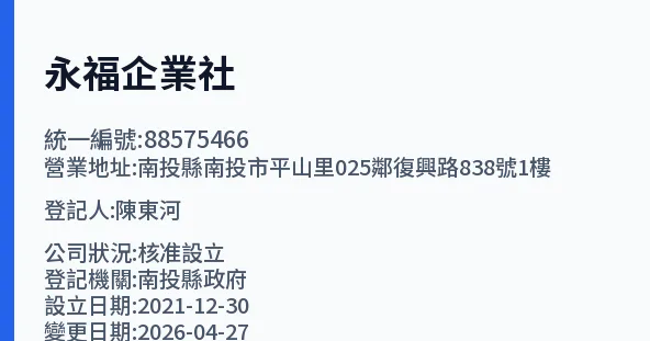 永福企業社的照片-統編 88575466(南投縣) 公司登記資料與營業項目詳細圖表