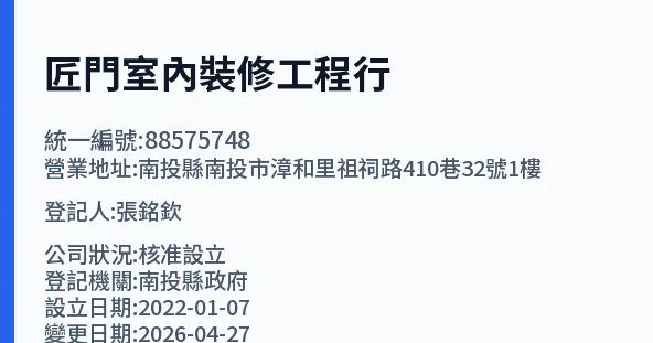 匠門室內裝修工程行的照片-統編 88575748(南投縣) 公司登記資料與營業項目詳細圖表