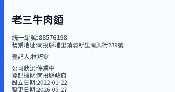 老三牛肉麵的照片-統編 88576198(南投縣) 公司登記資料與營業項目詳細圖表