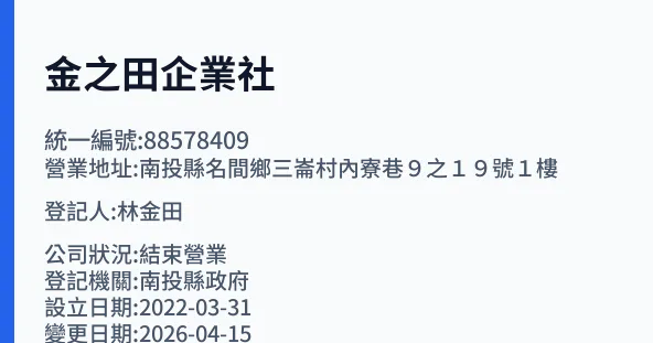 金之田企業社的照片-統編 88578409(南投縣) 公司登記資料與營業項目詳細圖表