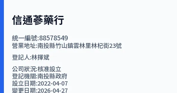 信通蔘藥行的照片-統編 88578549(南投縣) 公司登記資料與營業項目詳細圖表