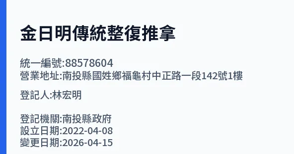 金日明傳統整復推拿的照片-統編 88578604(南投縣) 公司登記資料與營業項目詳細圖表