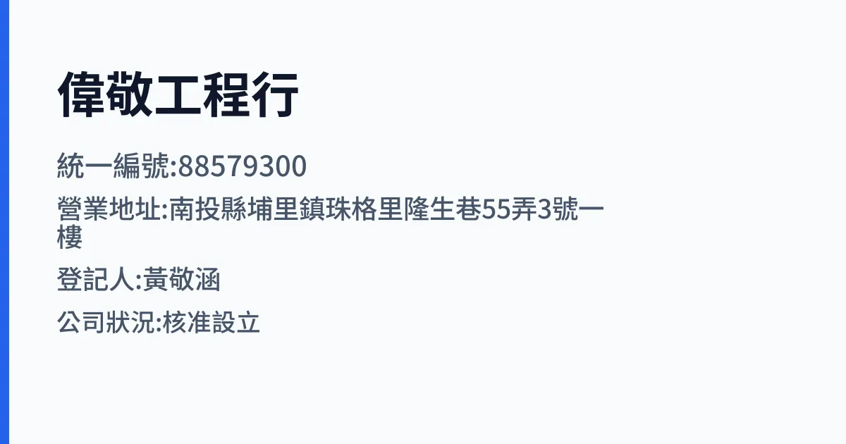 偉敬工程行 - 統編 88579300(南投縣) 公司登記資料與營業項目詳細圖表