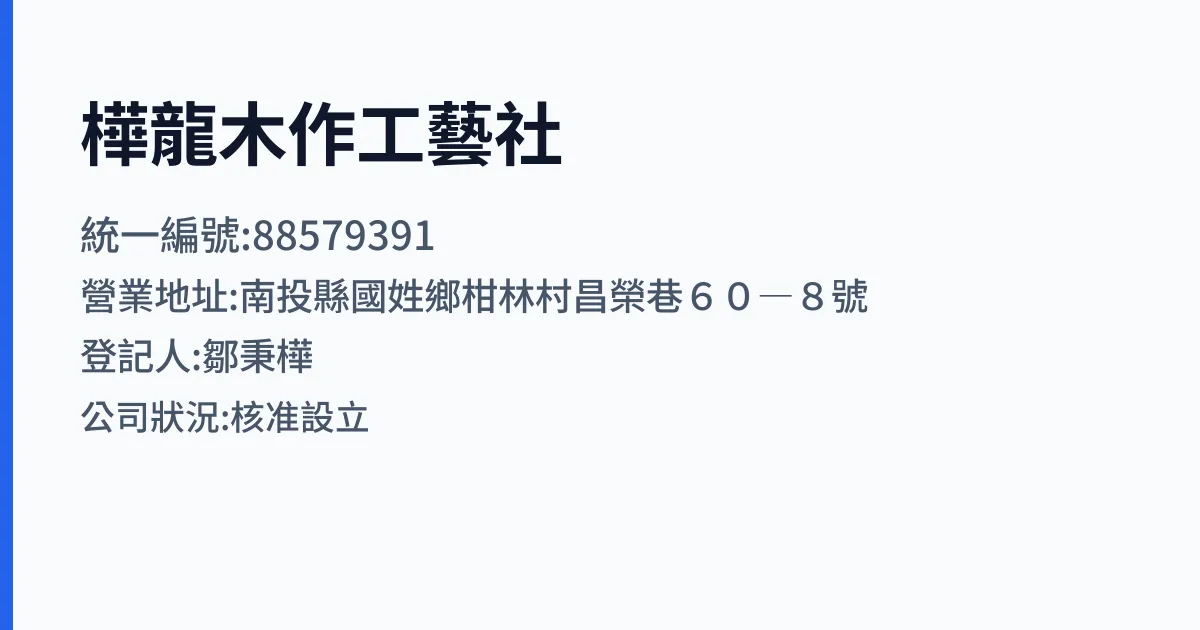 樺龍木作工藝社 - 統編 88579391(南投縣) 公司登記資料與營業項目詳細圖表