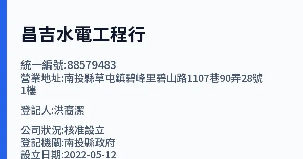 昌吉水電工程行的照片-統編 88579483(南投縣) 公司登記資料與營業項目詳細圖表