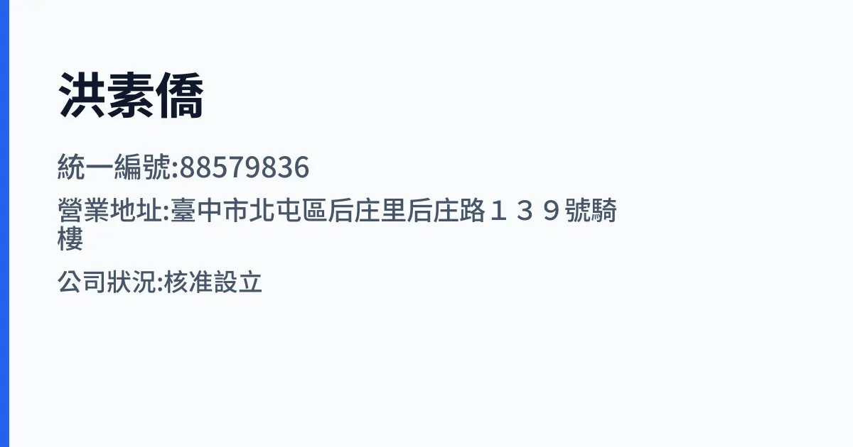 洪素僑 - 統編 88579836(臺中市) 公司登記資料與營業項目詳細圖表