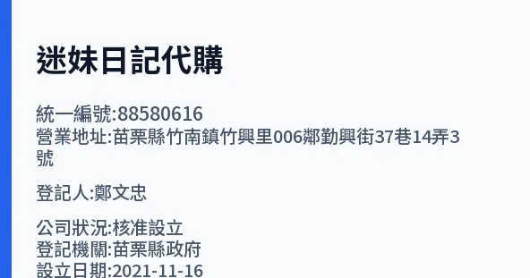 迷妹日記代購的照片-統編 88580616(苗栗縣) 公司登記資料與營業項目詳細圖表