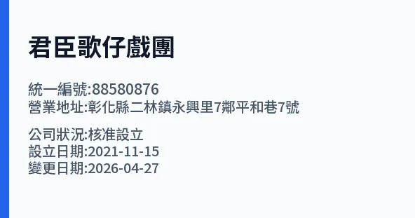 君臣歌仔戲團的照片-統編 88580876(彰化縣) 公司登記資料與營業項目詳細圖表