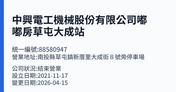 中興電工機械股份有限公司嘟嘟房草屯大成站的照片-統編 88580947(南投縣) 公司登記資料與營業項目詳細圖表