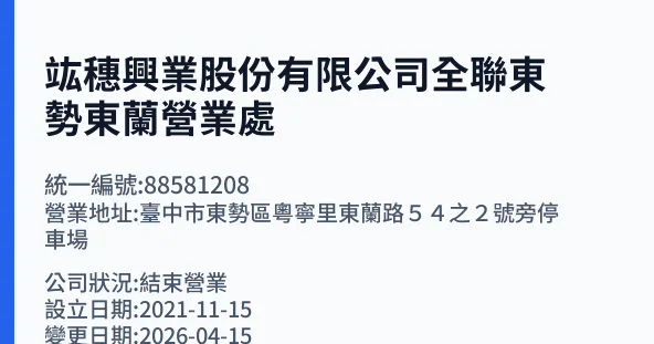 竑穗興業股份有限公司全聯東勢東蘭營業處的照片-統編 88581208(臺中市) 公司登記資料與營業項目詳細圖表