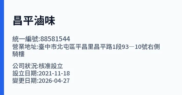 昌平滷味的照片-統編 88581544(臺中市) 公司登記資料與營業項目詳細圖表