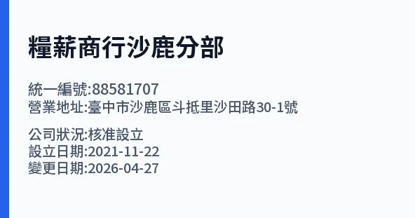 糧薪商行沙鹿分部的照片-統編 88581707(臺中市) 公司登記資料與營業項目詳細圖表