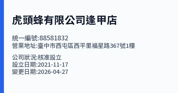 虎頭蜂有限公司逢甲店的照片-統編 88581832(臺中市) 公司登記資料與營業項目詳細圖表