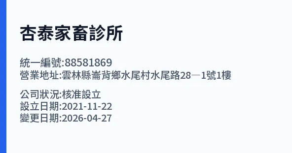 杏泰家畜診所的照片-統編 88581869(雲林縣) 公司登記資料與營業項目詳細圖表