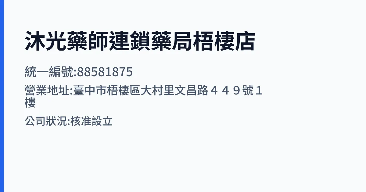 沐光藥師連鎖藥局梧棲店 - 統編 88581875(臺中市) 公司登記資料與營業項目詳細圖表