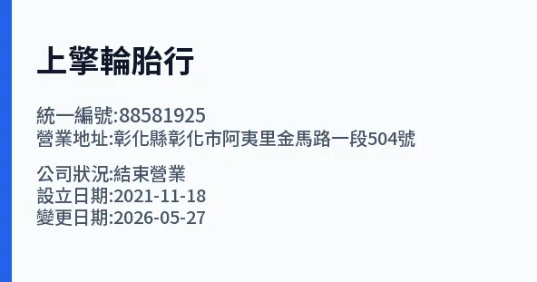上擎輪胎行的照片-統編 88581925(彰化縣) 公司登記資料與營業項目詳細圖表