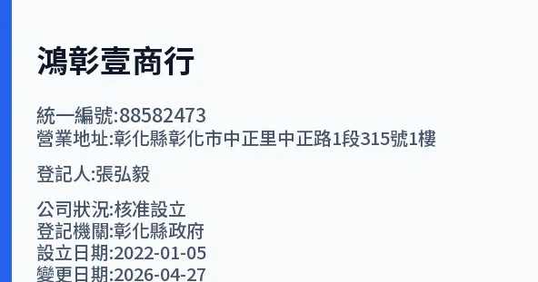 鴻彰壹商行的照片-統編 88582473(彰化縣) 公司登記資料與營業項目詳細圖表