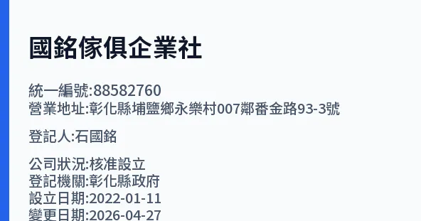 國銘傢俱企業社的照片-統編 88582760(彰化縣) 公司登記資料與營業項目詳細圖表