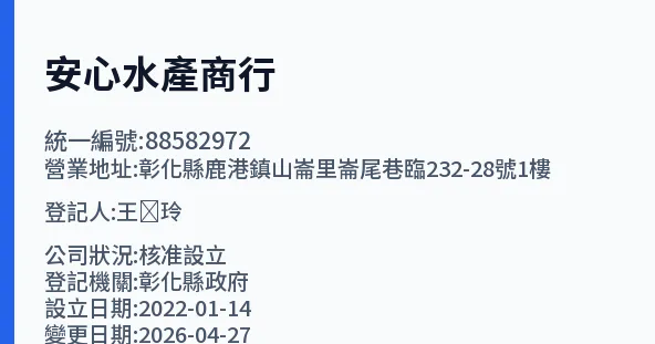 安心水產商行的照片-統編 88582972(彰化縣) 公司登記資料與營業項目詳細圖表