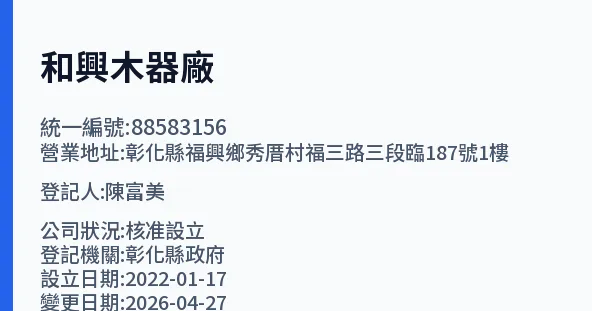 和興木器廠的照片-統編 88583156(彰化縣) 公司登記資料與營業項目詳細圖表