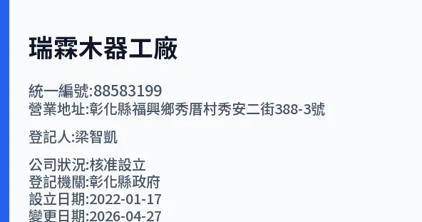 瑞霖木器工廠的照片-統編 88583199(彰化縣) 公司登記資料與營業項目詳細圖表