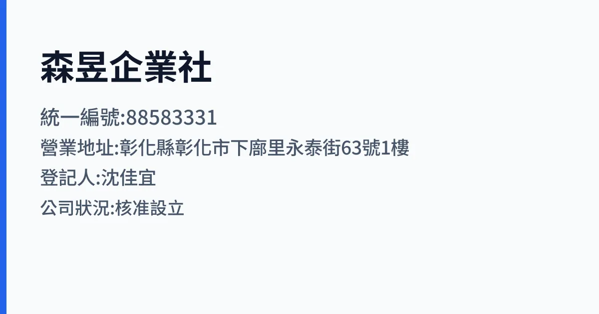 森昱企業社 - 統編 88583331(彰化縣) 公司登記資料與營業項目詳細圖表