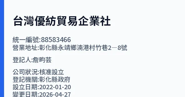 台灣優紡貿易企業社的照片-統編 88583466(彰化縣) 公司登記資料與營業項目詳細圖表