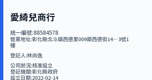 愛綺兒商行的照片-統編 88584578(彰化縣) 公司登記資料與營業項目詳細圖表