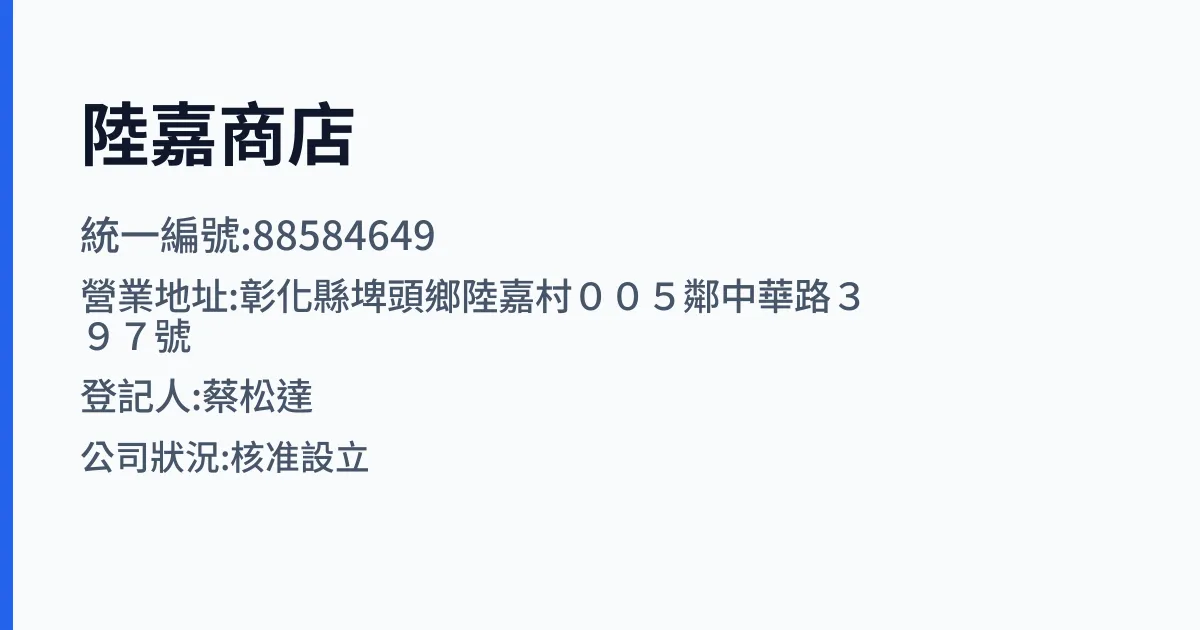 陸嘉商店 - 統編 88584649(彰化縣) 公司登記資料與營業項目詳細圖表
