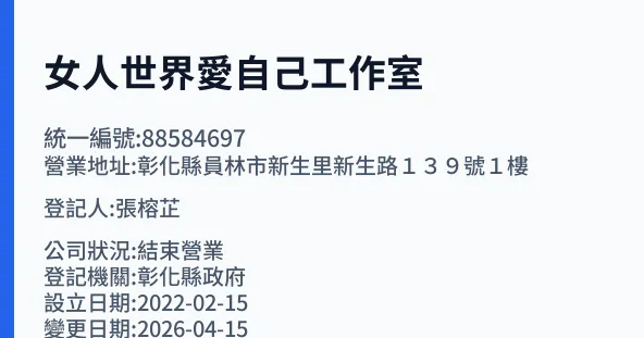 女人世界愛自己工作室的照片-統編 88584697(彰化縣) 公司登記資料與營業項目詳細圖表