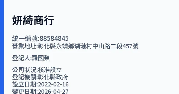 妍綺商行的照片-統編 88584845(彰化縣) 公司登記資料與營業項目詳細圖表