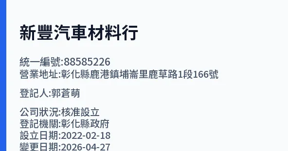 新豐汽車材料行的照片-統編 88585226(彰化縣) 公司登記資料與營業項目詳細圖表