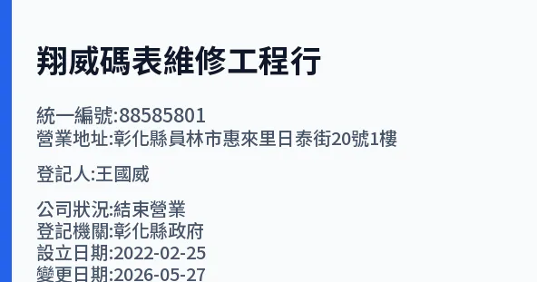 翔威碼表維修工程行的照片-統編 88585801(彰化縣) 公司登記資料與營業項目詳細圖表