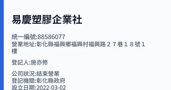 易慶塑膠企業社的照片-統編 88586077(彰化縣) 公司登記資料與營業項目詳細圖表