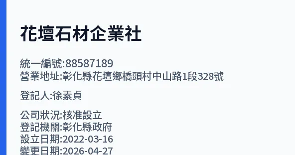 花壇石材企業社的照片-統編 88587189(彰化縣) 公司登記資料與營業項目詳細圖表