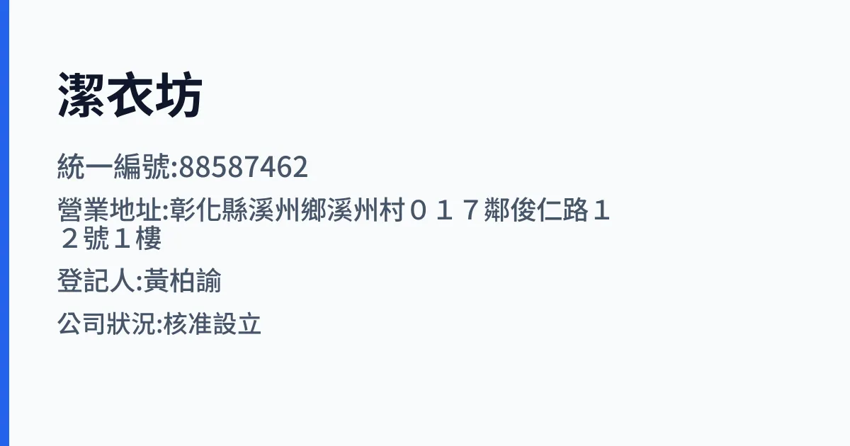 潔衣坊 - 統編 88587462(彰化縣) 公司登記資料與營業項目詳細圖表