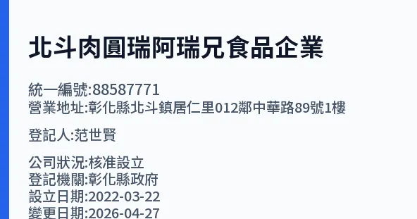北斗肉圓瑞阿瑞兄食品企業的照片-統編 88587771(彰化縣) 公司登記資料與營業項目詳細圖表