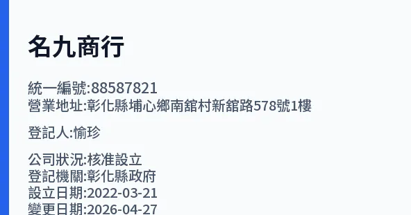 名九商行的照片-統編 88587821(彰化縣) 公司登記資料與營業項目詳細圖表