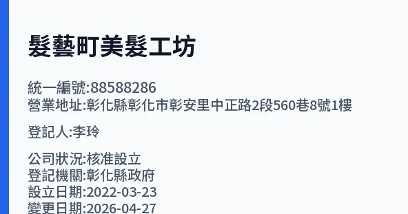 髮藝町美髮工坊的照片-統編 88588286(彰化縣) 公司登記資料與營業項目詳細圖表