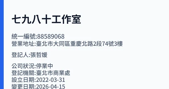 七九八十工作室的照片-統編 88589068(臺北市) 公司登記資料與營業項目詳細圖表