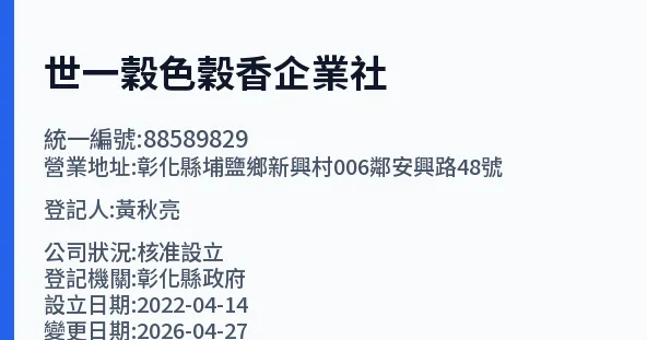 世一穀色穀香企業社的照片-統編 88589829(彰化縣) 公司登記資料與營業項目詳細圖表