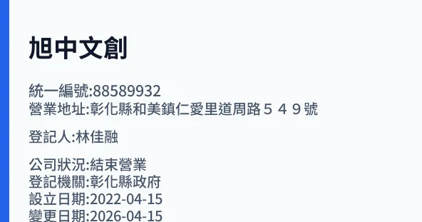 旭中文創的照片-統編 88589932(彰化縣) 公司登記資料與營業項目詳細圖表