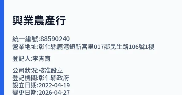 興業農產行的照片-統編 88590240(彰化縣) 公司登記資料與營業項目詳細圖表