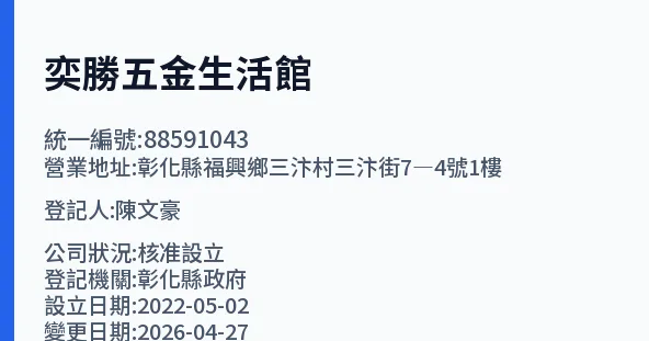 奕勝五金生活館的照片-統編 88591043(彰化縣) 公司登記資料與營業項目詳細圖表