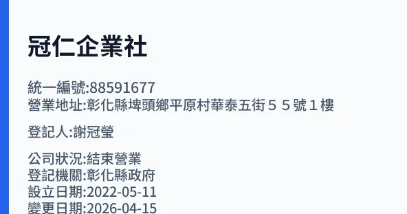 冠仁企業社的照片-統編 88591677(彰化縣) 公司登記資料與營業項目詳細圖表