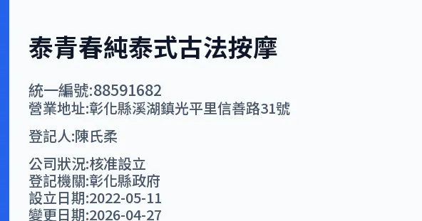 泰青春純泰式古法按摩的照片-統編 88591682(彰化縣) 公司登記資料與營業項目詳細圖表