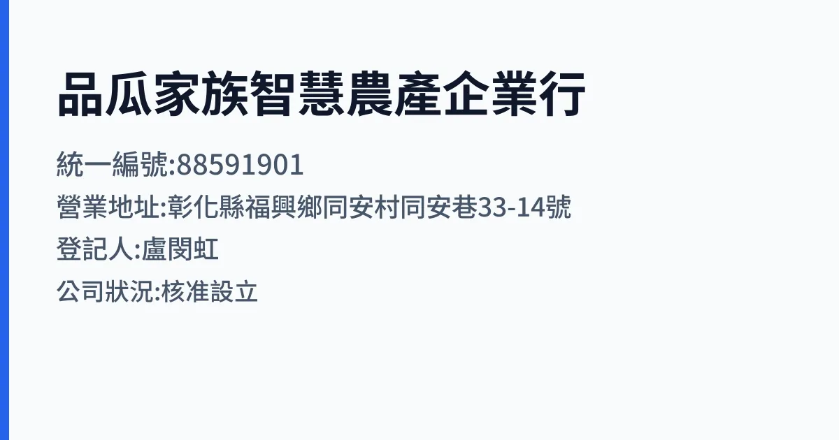 品瓜家族智慧農產企業行 - 統編 88591901(彰化縣) 公司登記資料與營業項目詳細圖表